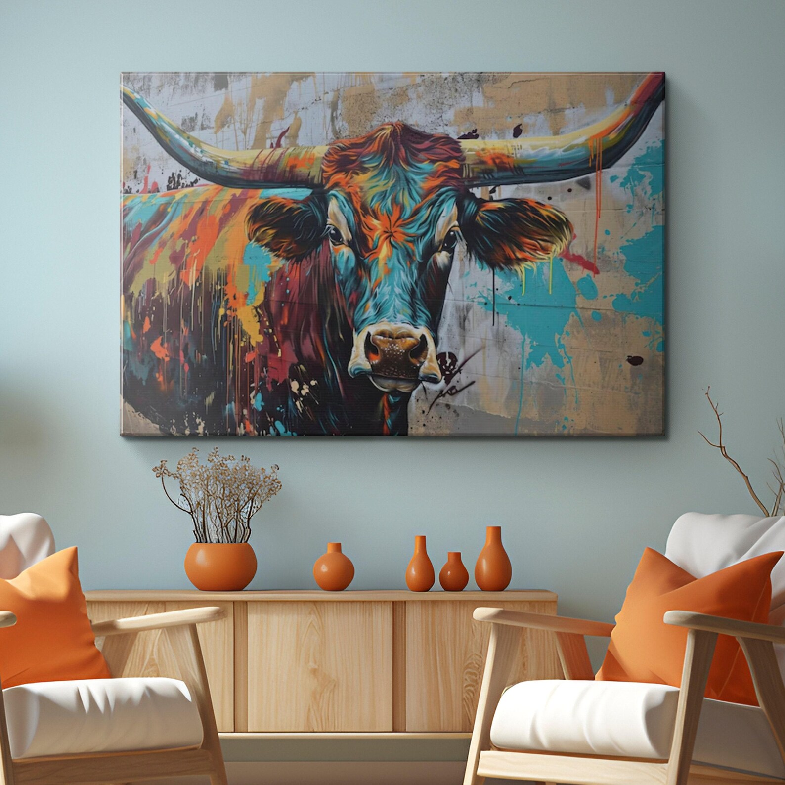 Colorful Longhorn Drawing Canvas Art "prismatic Pastures"| Texas ...