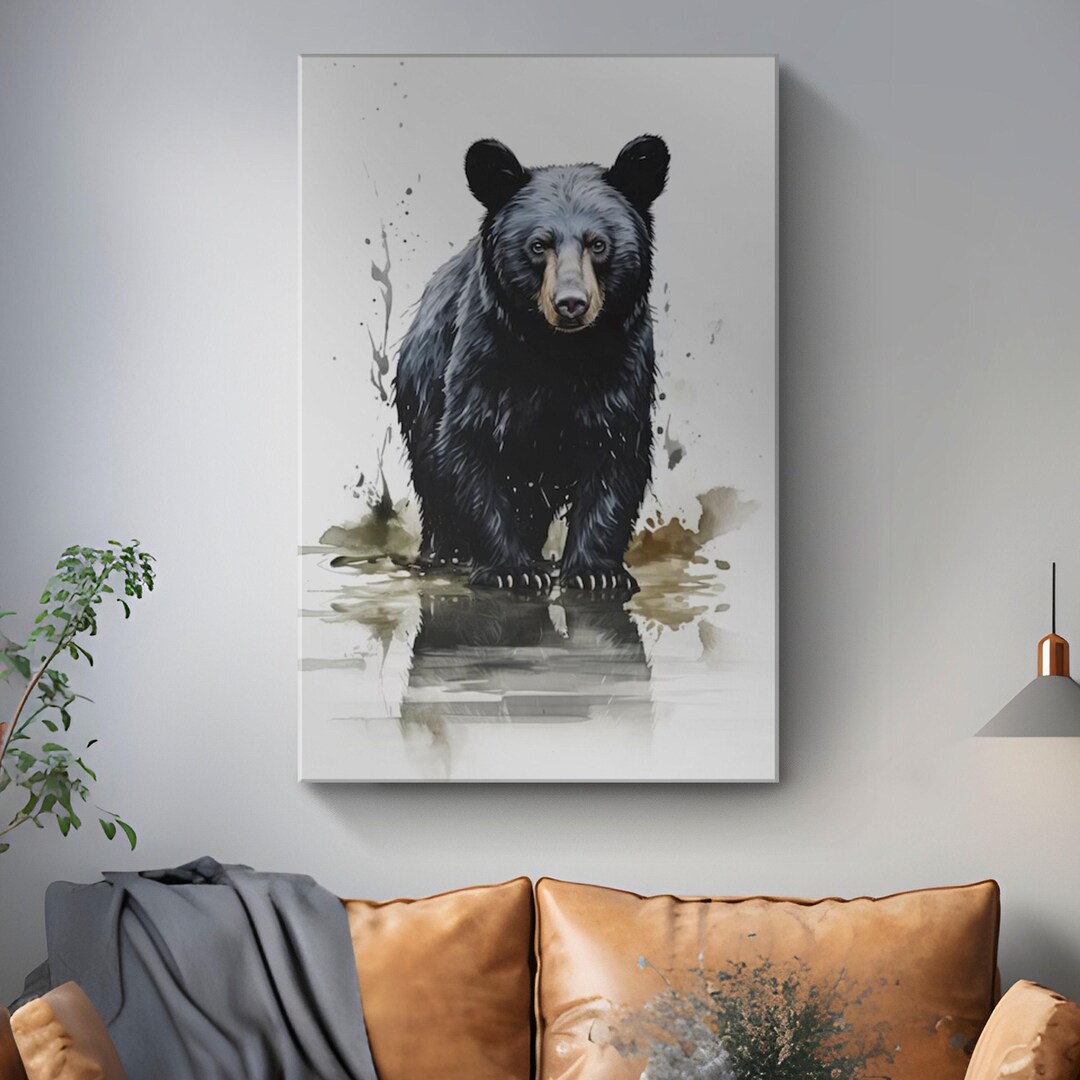 Black Bear Watercolor Painting on Canvas Wall Art 