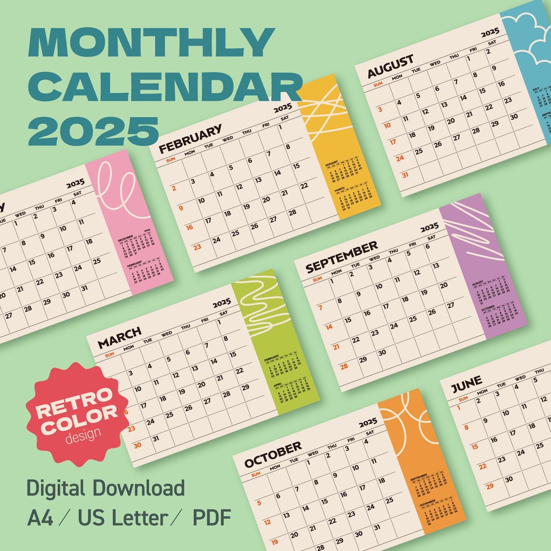 Retro Color 2025 Calendar Printable PDF Digital Download - Etsy