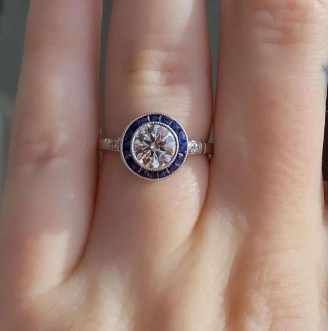 Sapphire Art Deco Target Ring, Old European Cut CZ Stone Wedding Ring ...