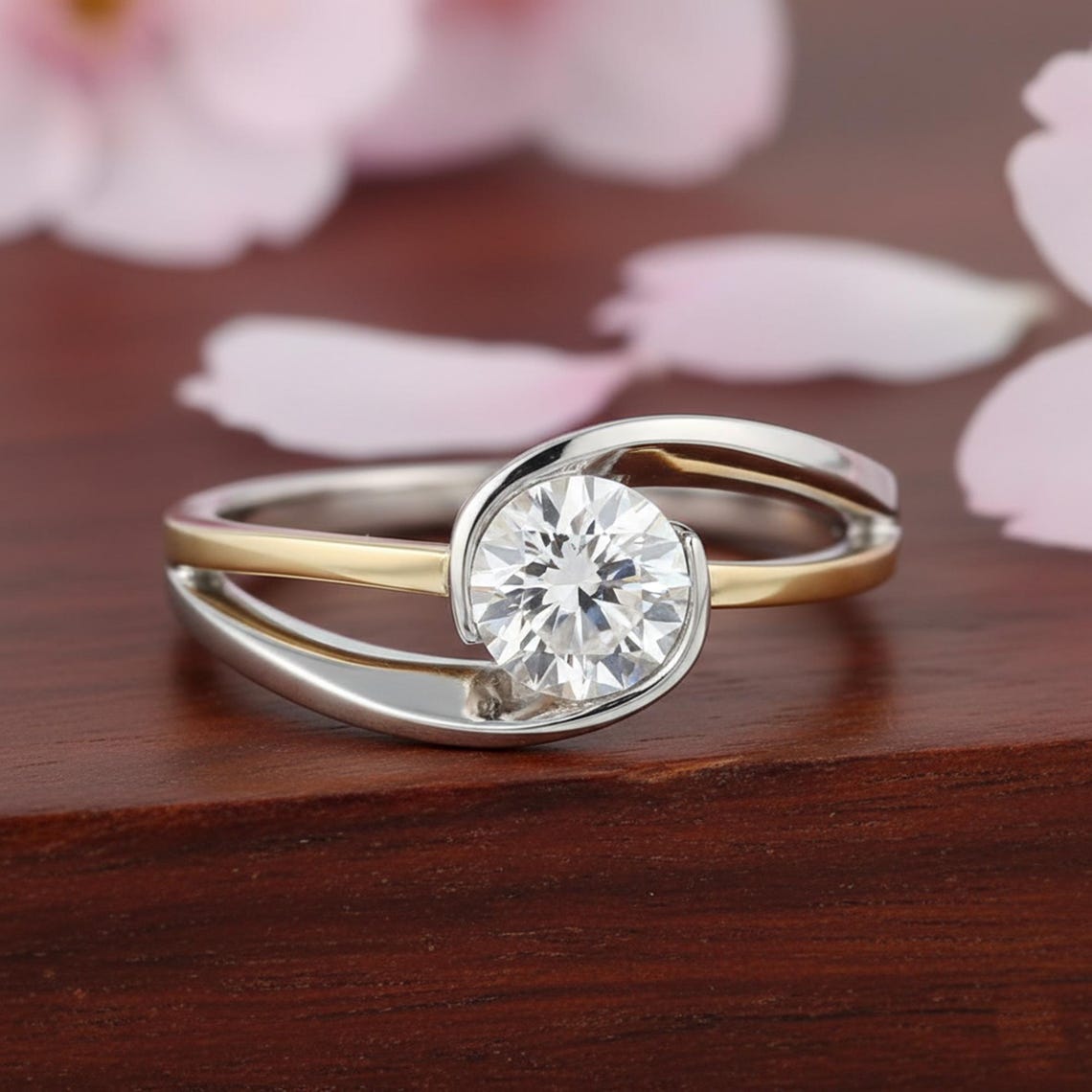 Bypass Style Solitaire Ring, Classic Tension Set Ring, Round Moissanite ...