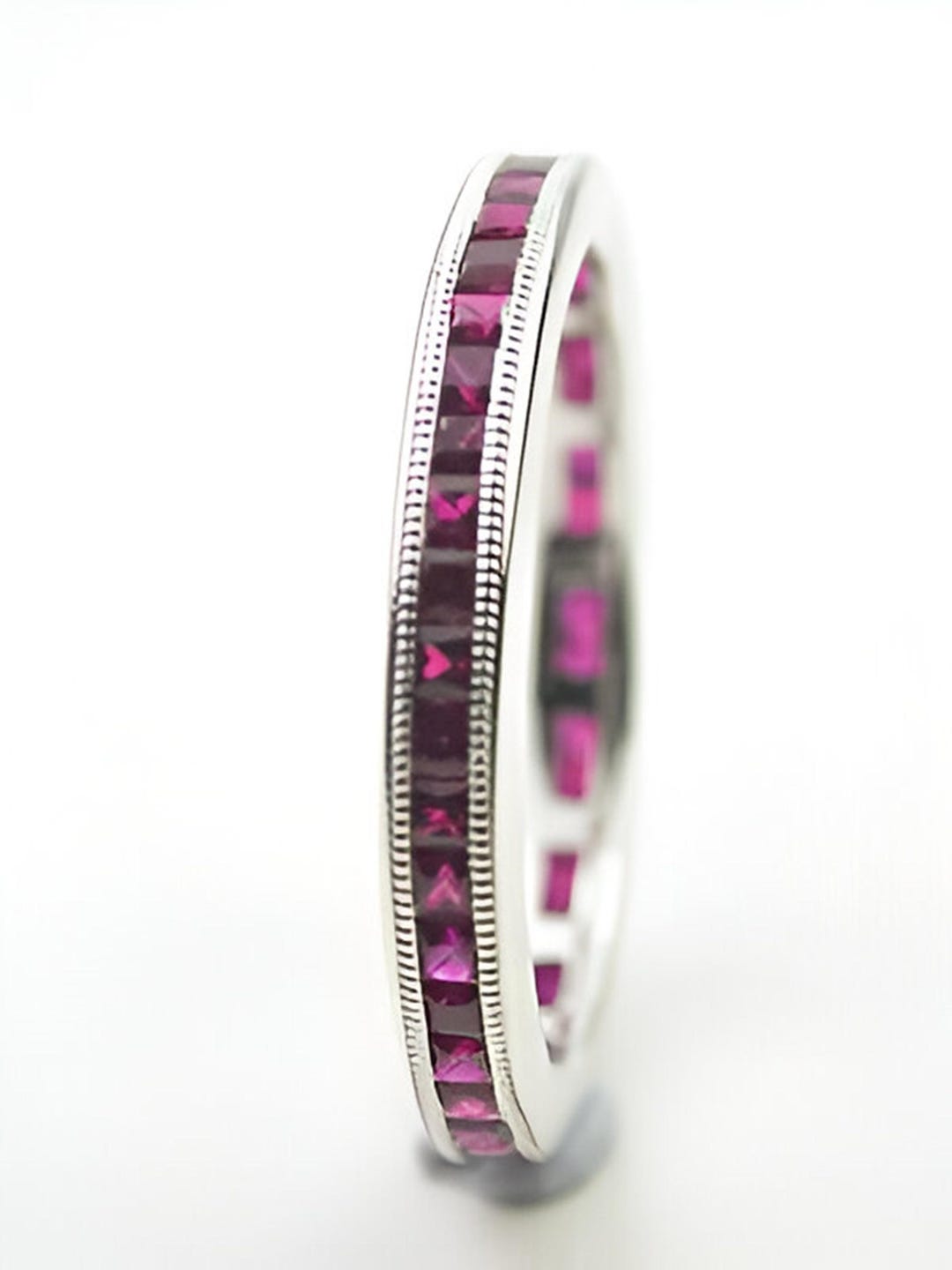 Channel Set Ruby Princess Cut CZ Stone Band, Minimalist Full Eternity ...