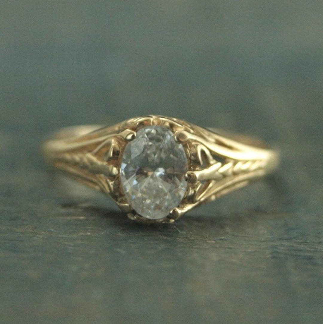 Oval Cut Moissanite Diamond Art Deco Ring, Filigree Vintage Inspire Solitaire Ring, 14K Yellow ...