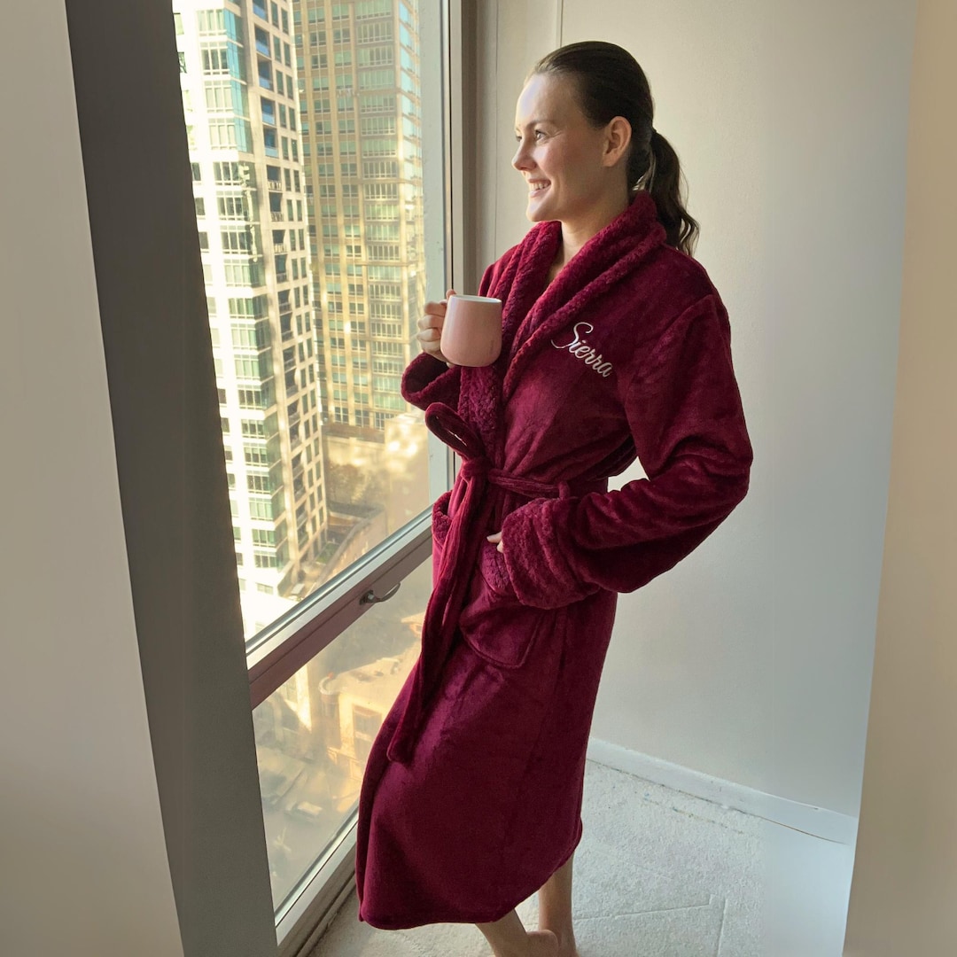 Plush Fleece Robe, Long Embroidered Bathrobe, Red Personalized Gift - Etsy