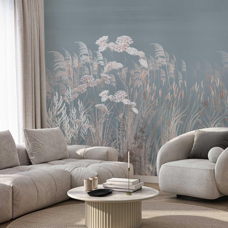 Blue Botanical Mural Wallpaper – Wild Grass & Floral Wall Art | Elegant ...