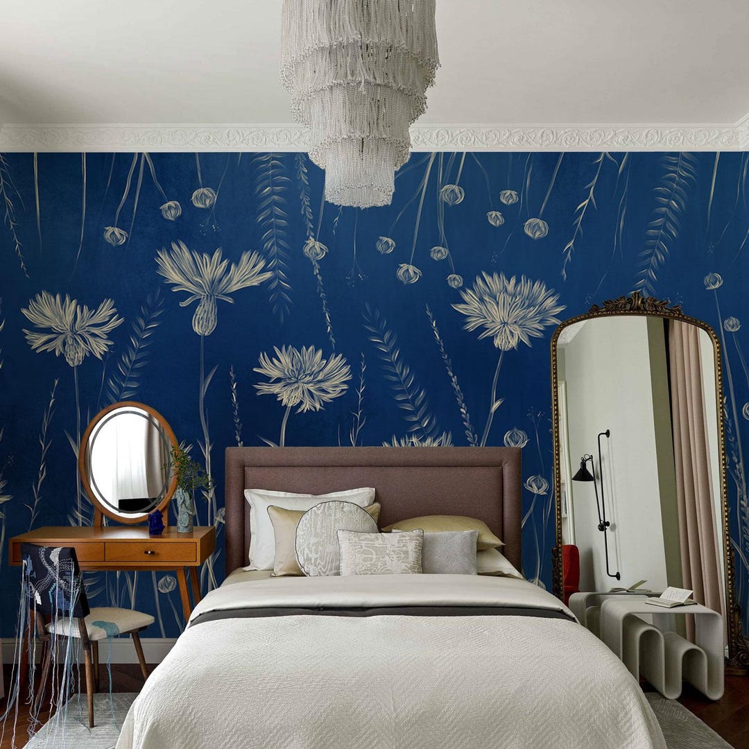 Dark Blue Botanical Wallpaper With Wild Flowers Cornflowers, Floral ...