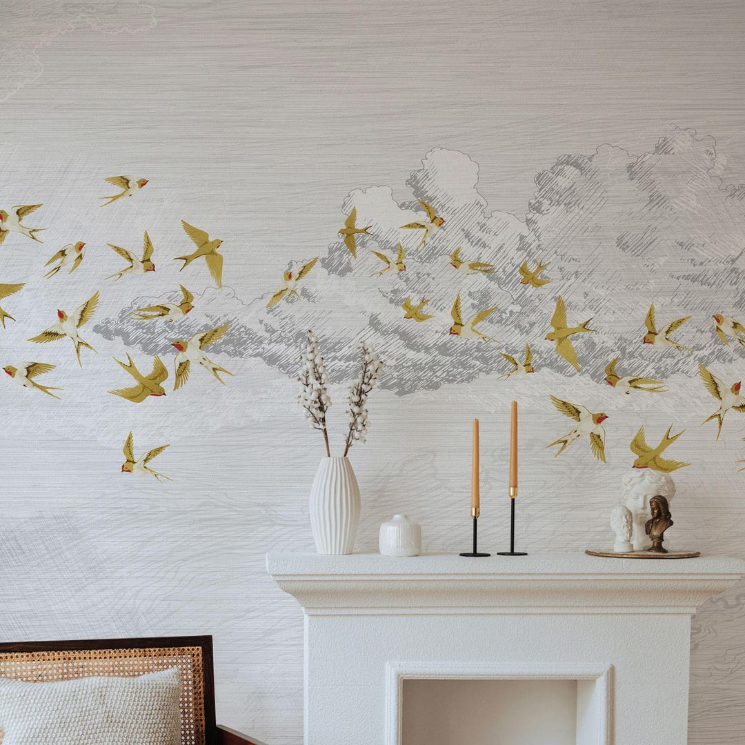Luxury Wallpaper Roll - Golden Birds Cloud Mural, Elegant Bedroom Wall ...