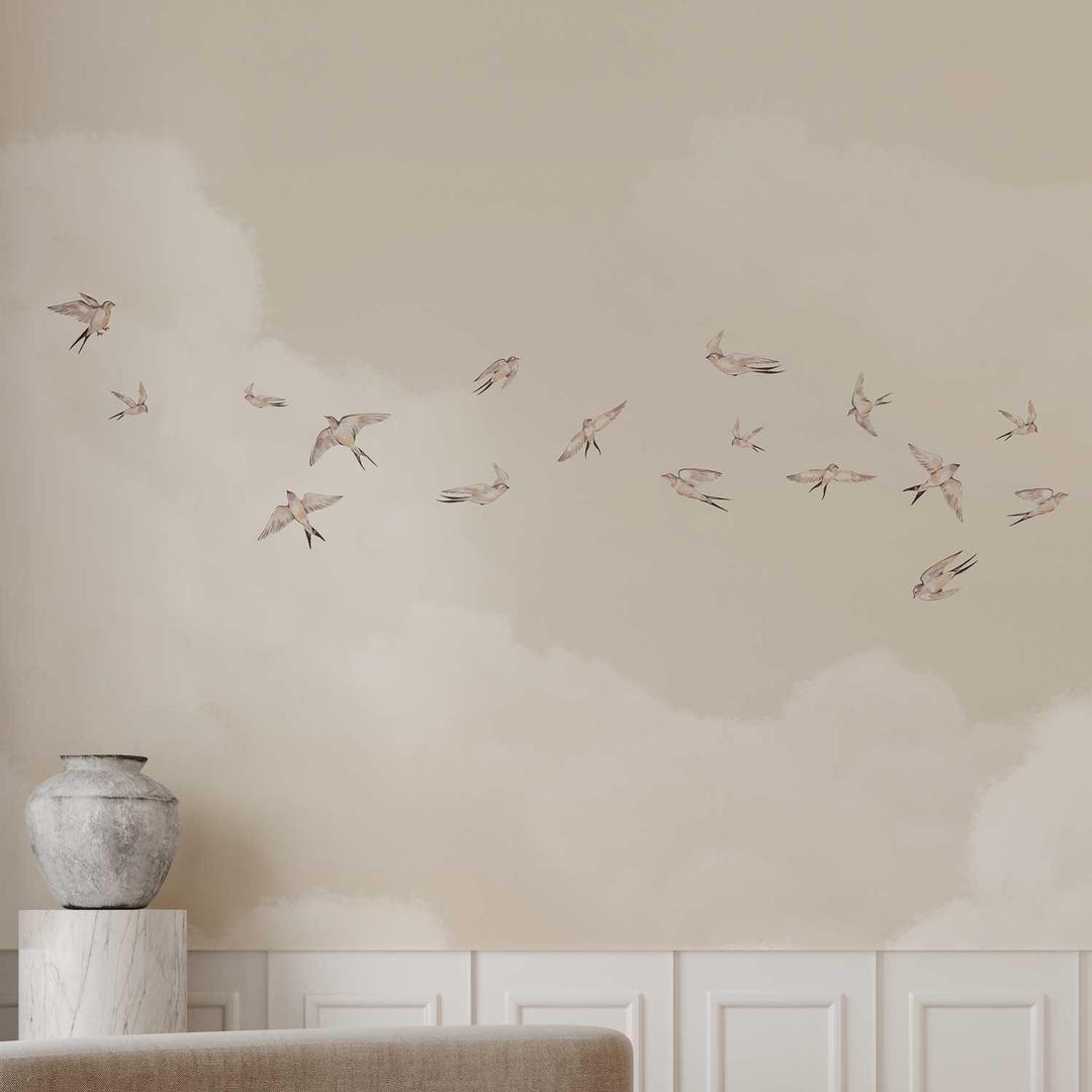 Swallow Wallpaper – Soft Beige Bird Wall Mural, Elegant Nature-inspired ...