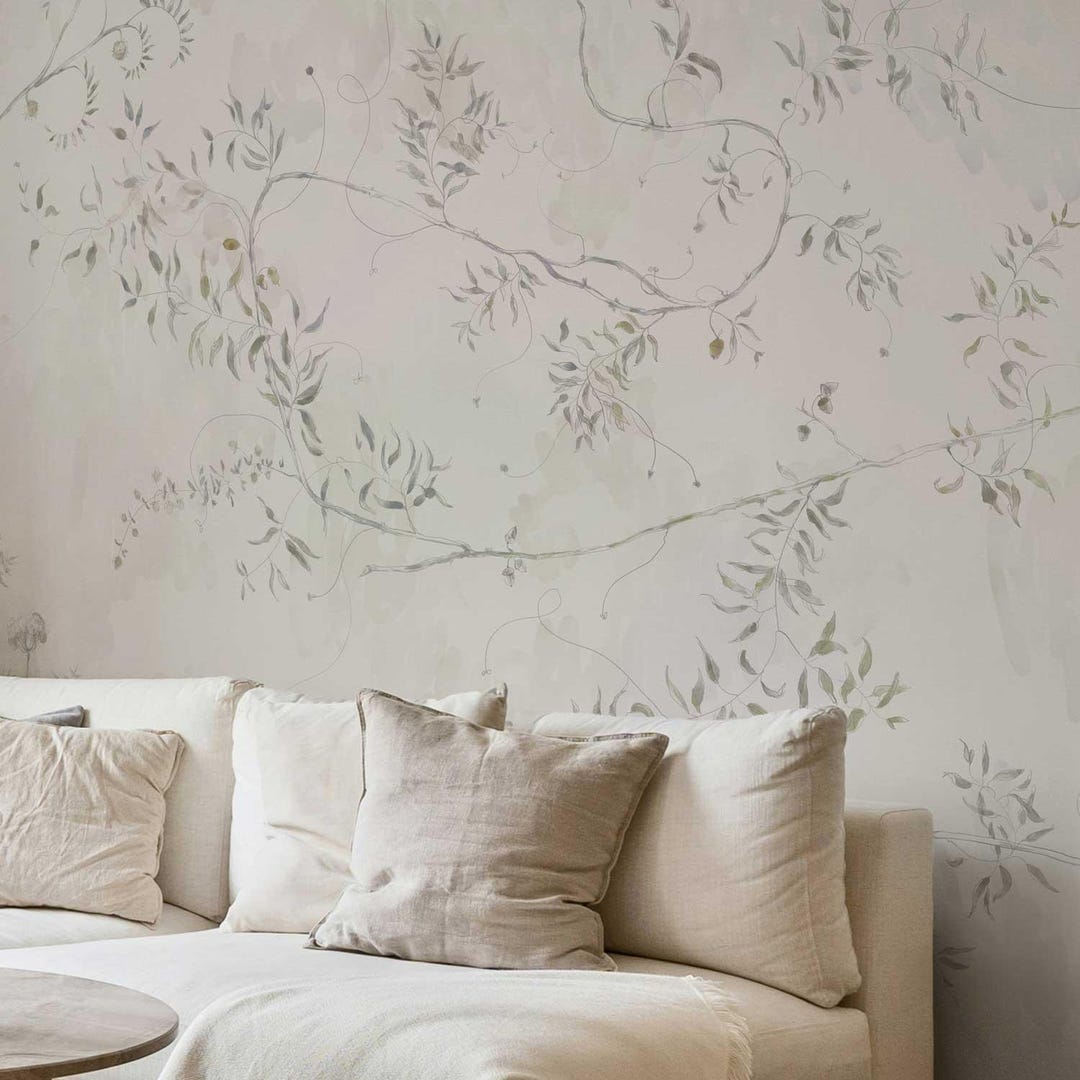 Beige Botanical Wallpaper, Rustic & Nature-inspired Design, Watercolor ...