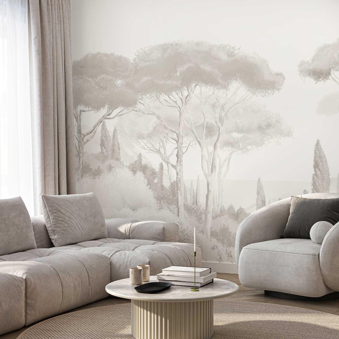 Forest Mural Wallpaper – Neutral Toned Tree Landscape Wall Art for ...
