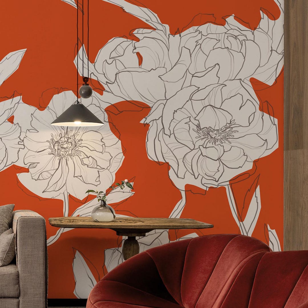 Red Peony Wallpaper, Bold Floral Mural, Vintage Maximalist Decor - Etsy