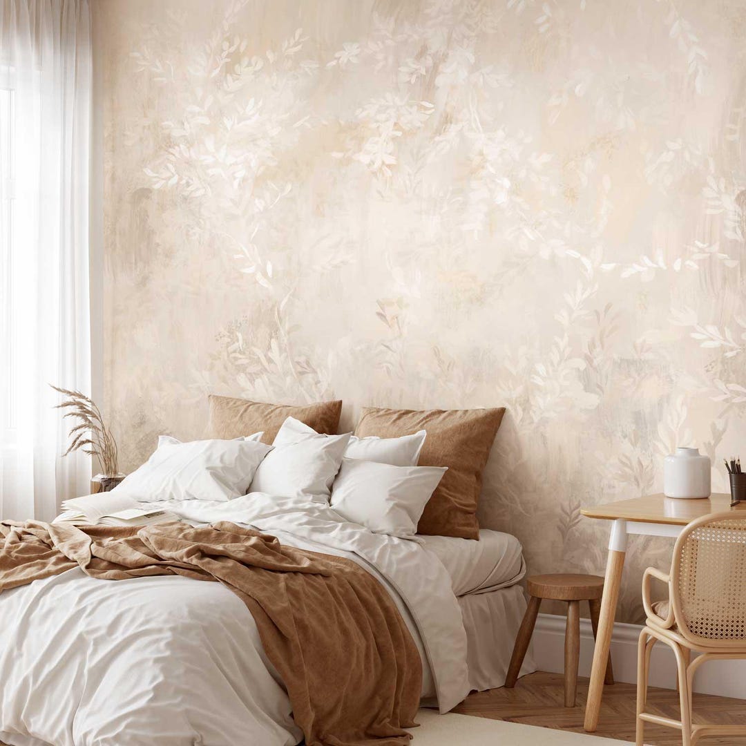 Beige Botanical Wall Mural – Neutral Floral Wallpaper for Bedroom or ...