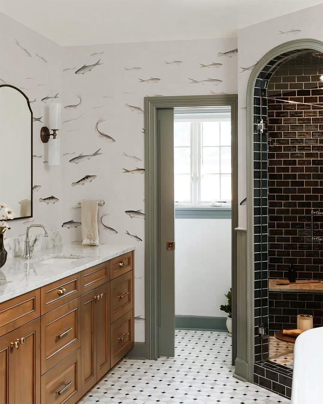 Bathroom Wallpaper With Fish, White Background, Minimalist Ocean Theme ...