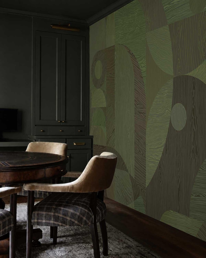 70s Wood Veneer Wallpaper Peel and Stick, Green Geometric Dining Room ...