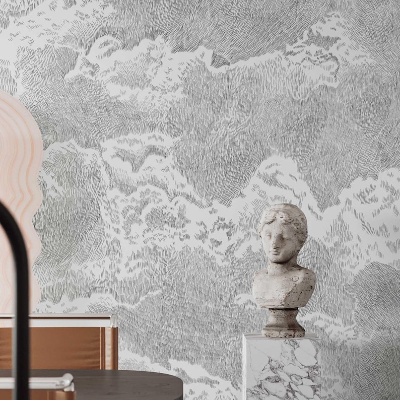 Cloud Ceiling Design in Soft Gray, Black & White Sky Art, Peel and ...