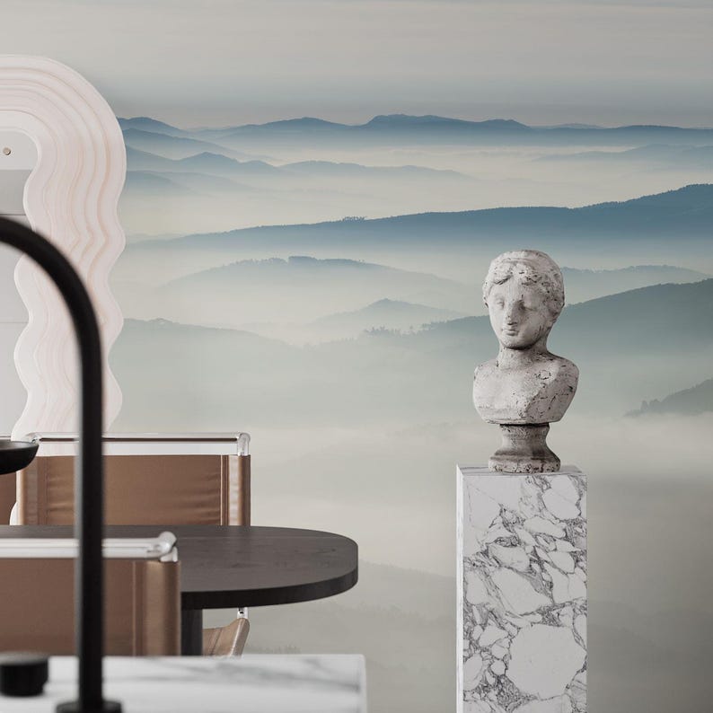 Light Blue Mountain Mural, Ombre Landscape Fresco, Calm Scenic Design ...