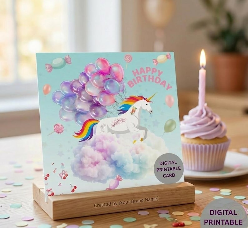 Unicorn Birthday Card Printable, Rainbow Cloud Candy Balloon Digital ...