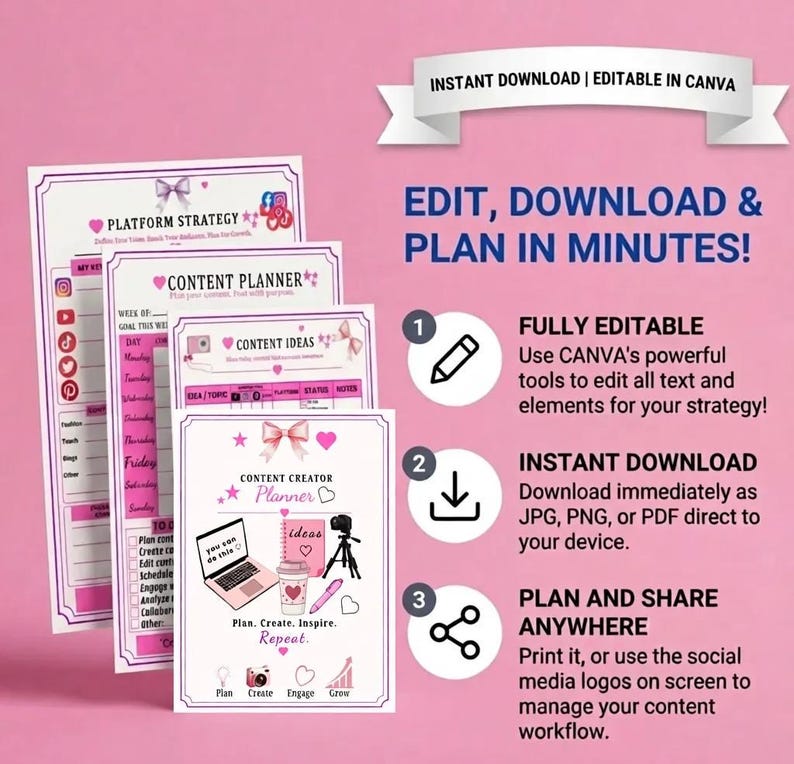 Content Creator Planner Bundle, Pink Coquette Strategy, Weekly Ideas ...