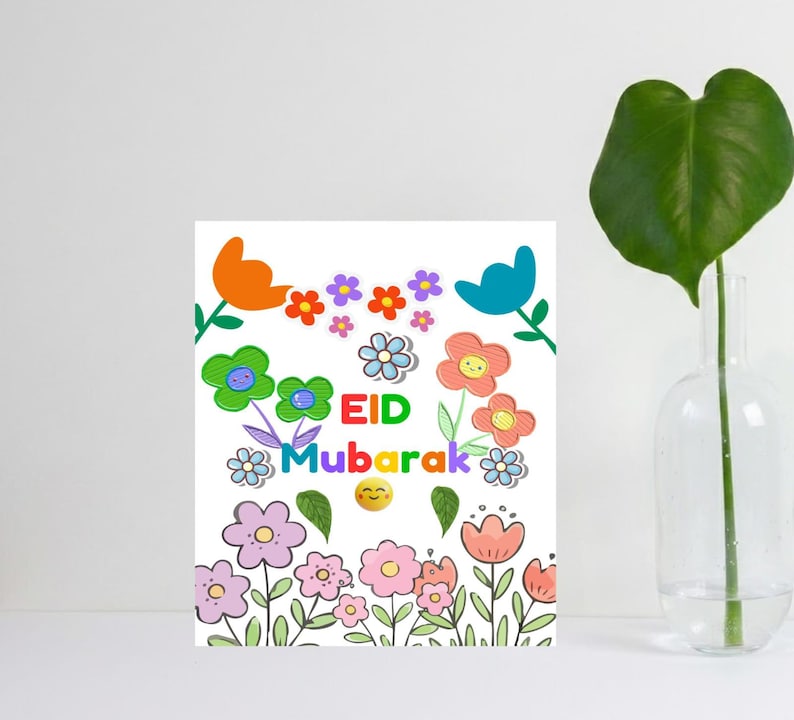 Kids Eid Mubarak Card, Rainbow Kawaii Flowers, Fun Greeting (digital ...