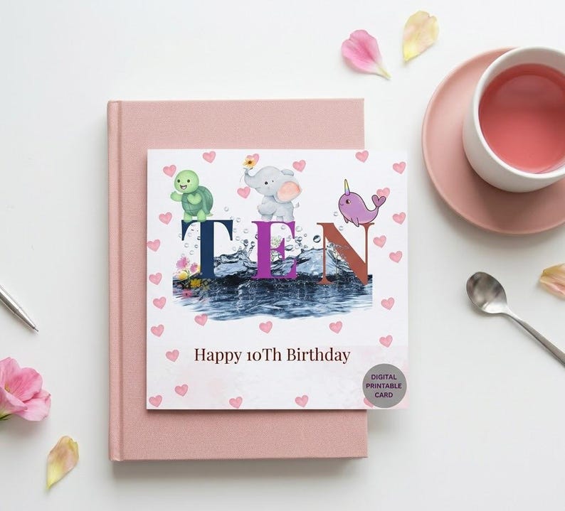 10th Birthday Card Printable, TEN Animal Water Splash Digital Download ...