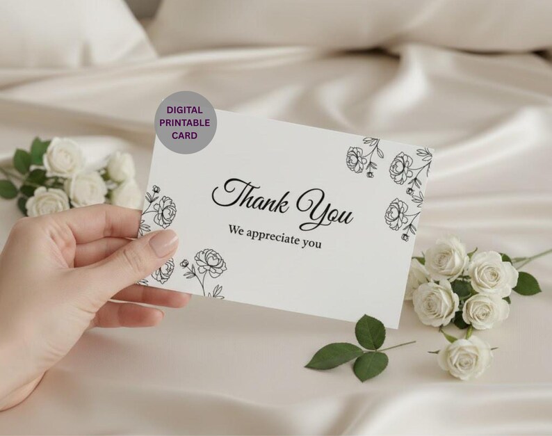Minimalist Thank You Card Printable, Black Floral Line Art Digital ...