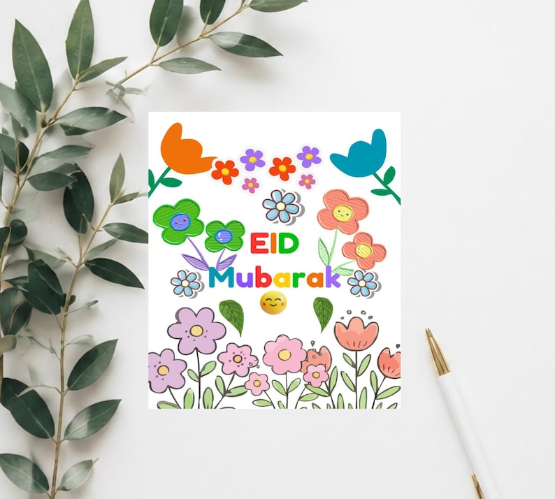 Kids Eid Mubarak Card, Rainbow Kawaii Flowers, Fun Greeting (digital ...