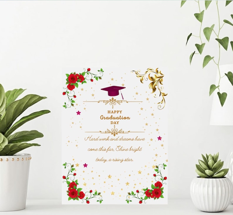 Elegant Red Rose Gold Star Graduation Card | Rising Star Celebration ...
