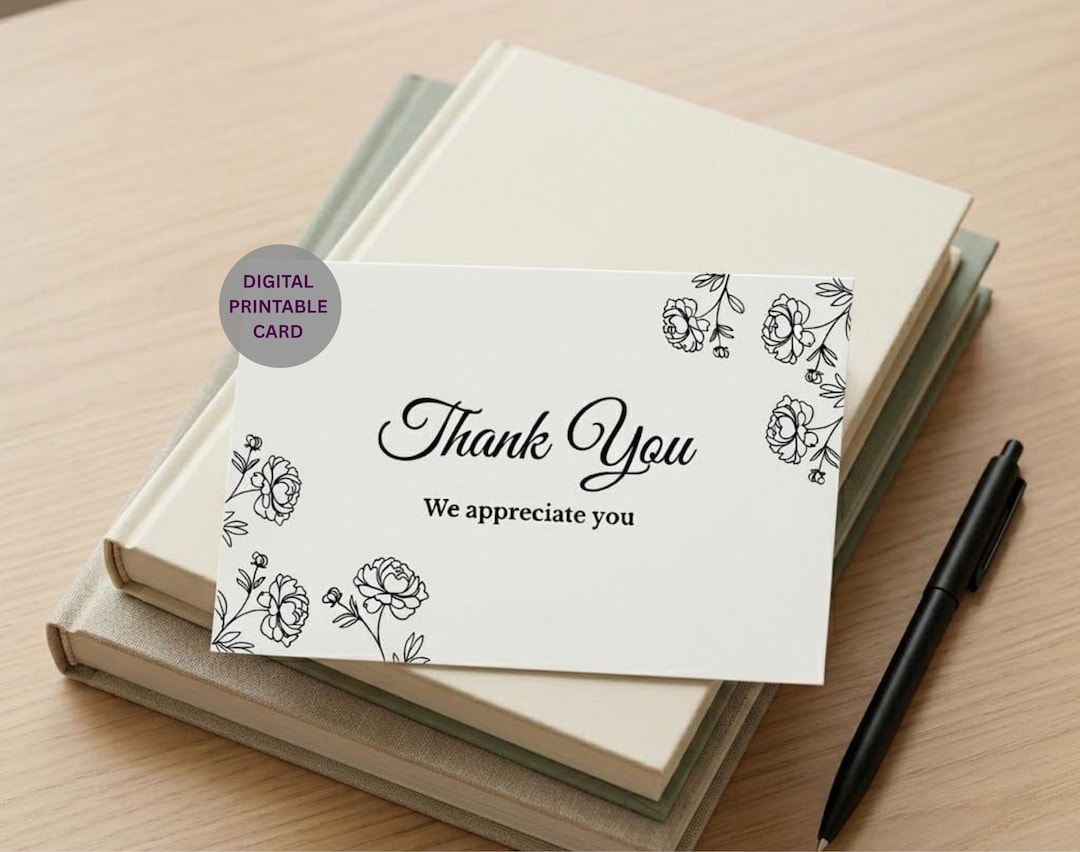 Minimalist Thank You Card Printable, Black Floral Line Art Digital ...