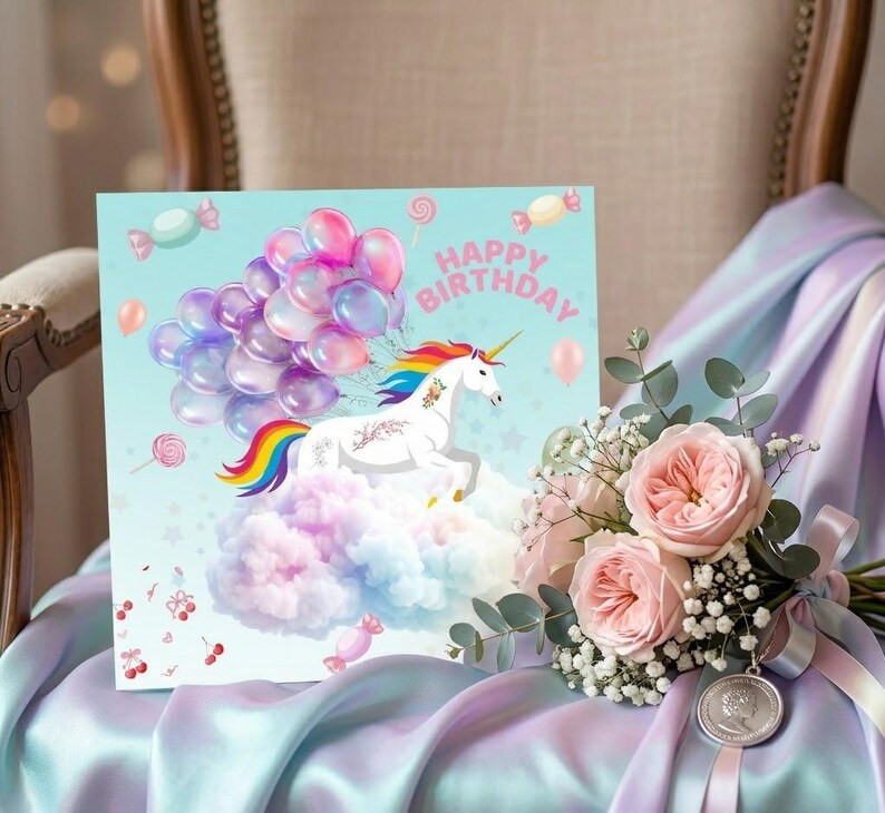 Unicorn Birthday Card Printable, Rainbow Cloud Candy Balloon Digital ...