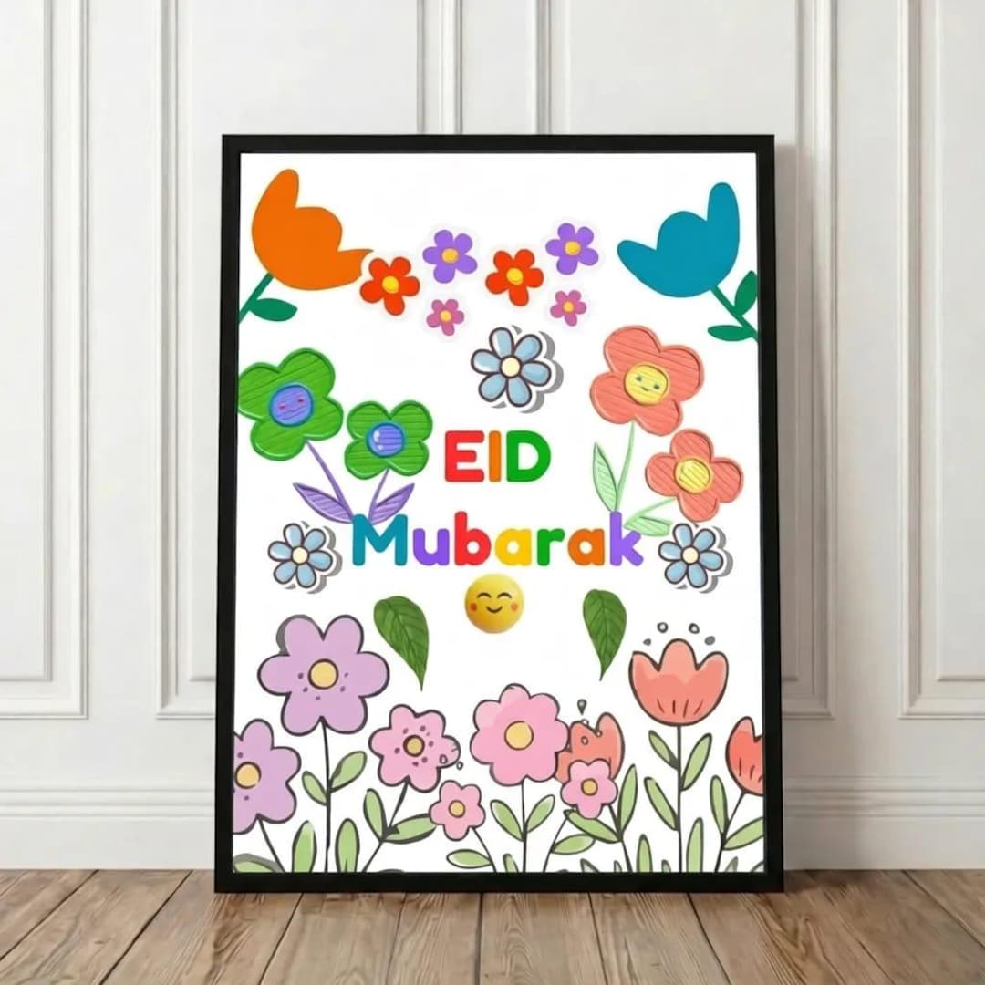 Kids Eid Mubarak Card, Rainbow Kawaii Flowers, Fun Greeting (digital ...
