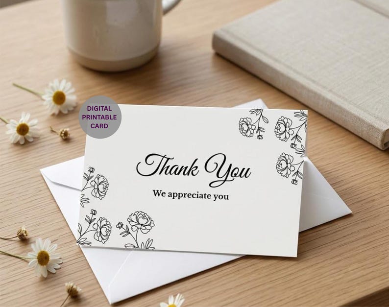 Minimalist Thank You Card Printable, Black Floral Line Art Digital ...