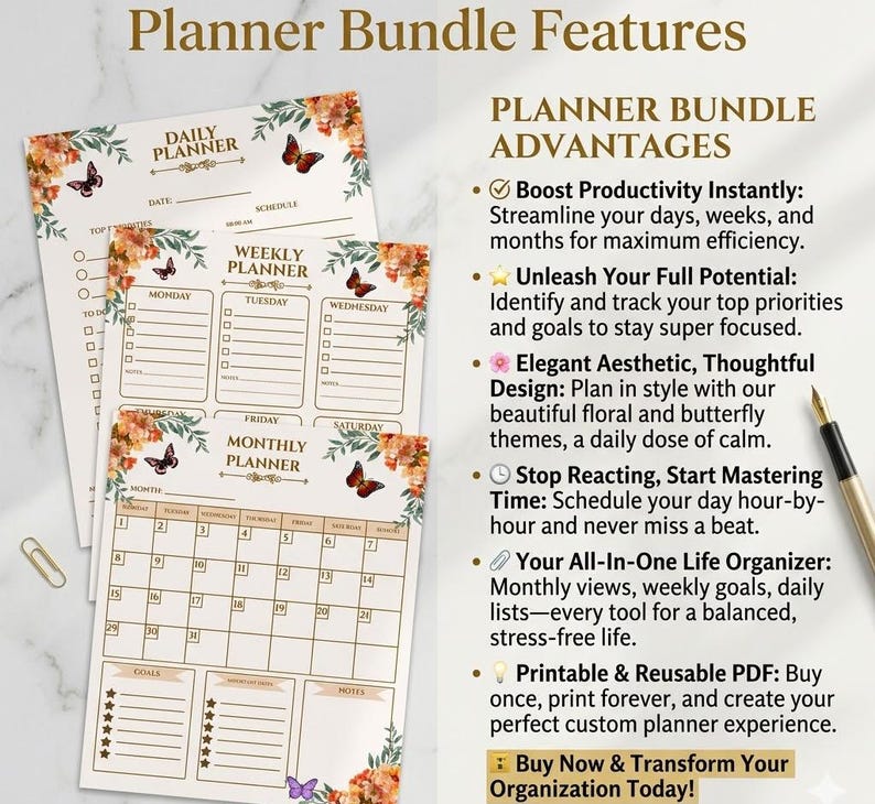 Floral Butterfly Planner Bundle | Daily, Weekly, Monthly (PDF Download ...