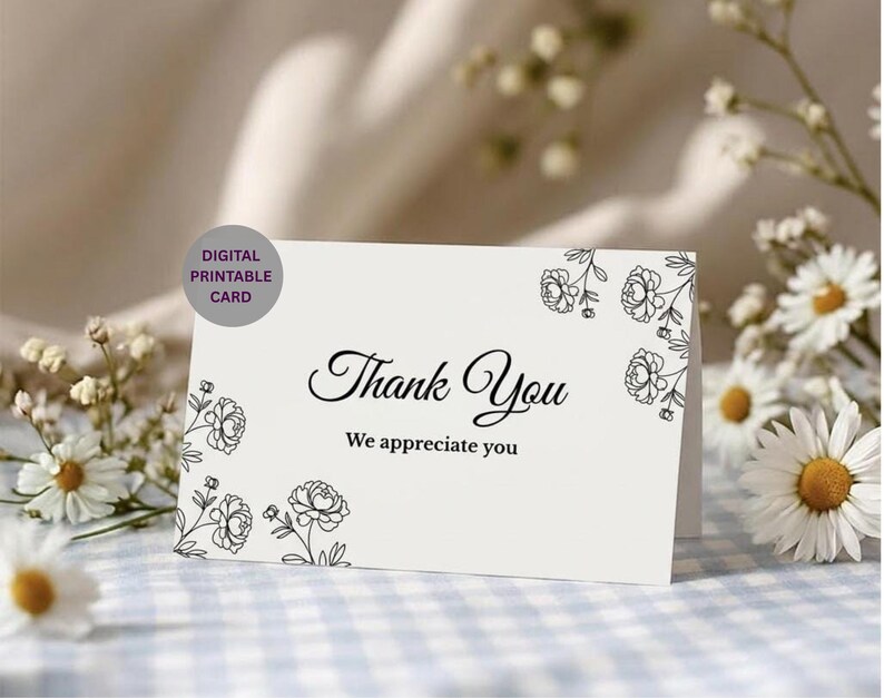 Minimalist Thank You Card Printable, Black Floral Line Art Digital ...