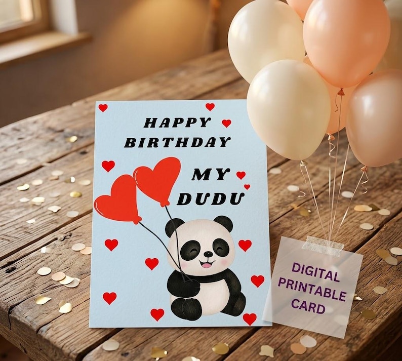 Panda Birthday Card Printable, Baby Panda Heart Balloon Digital ...