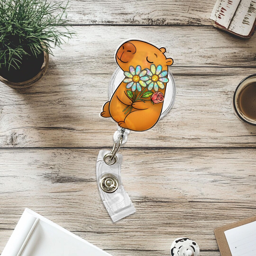 Capybara Badge Reel – Cute Retractable ID Holder With Flowers – Funny ...
