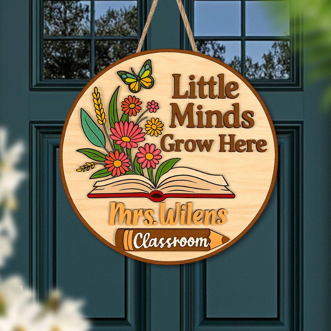 Personalized Classroom Door Sign – Little Minds Grow Here Teacher Name ...