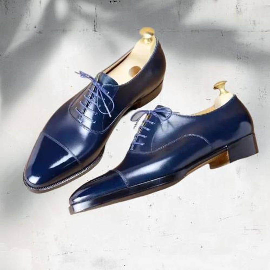 Elegant Handmade Navy Blue Leather Dress Shoes for Men – Cap Toe, Lace ...