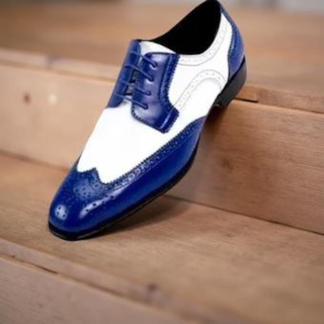 Blue & White Leather Wing Tip Brogue Formal Handmade Lace up Men Dress ...