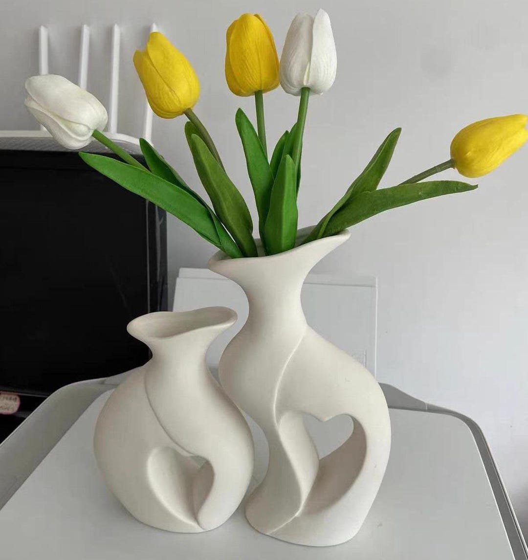 Ceramic Creative Combination White Double Vase Tulip Tabletop Flower ...