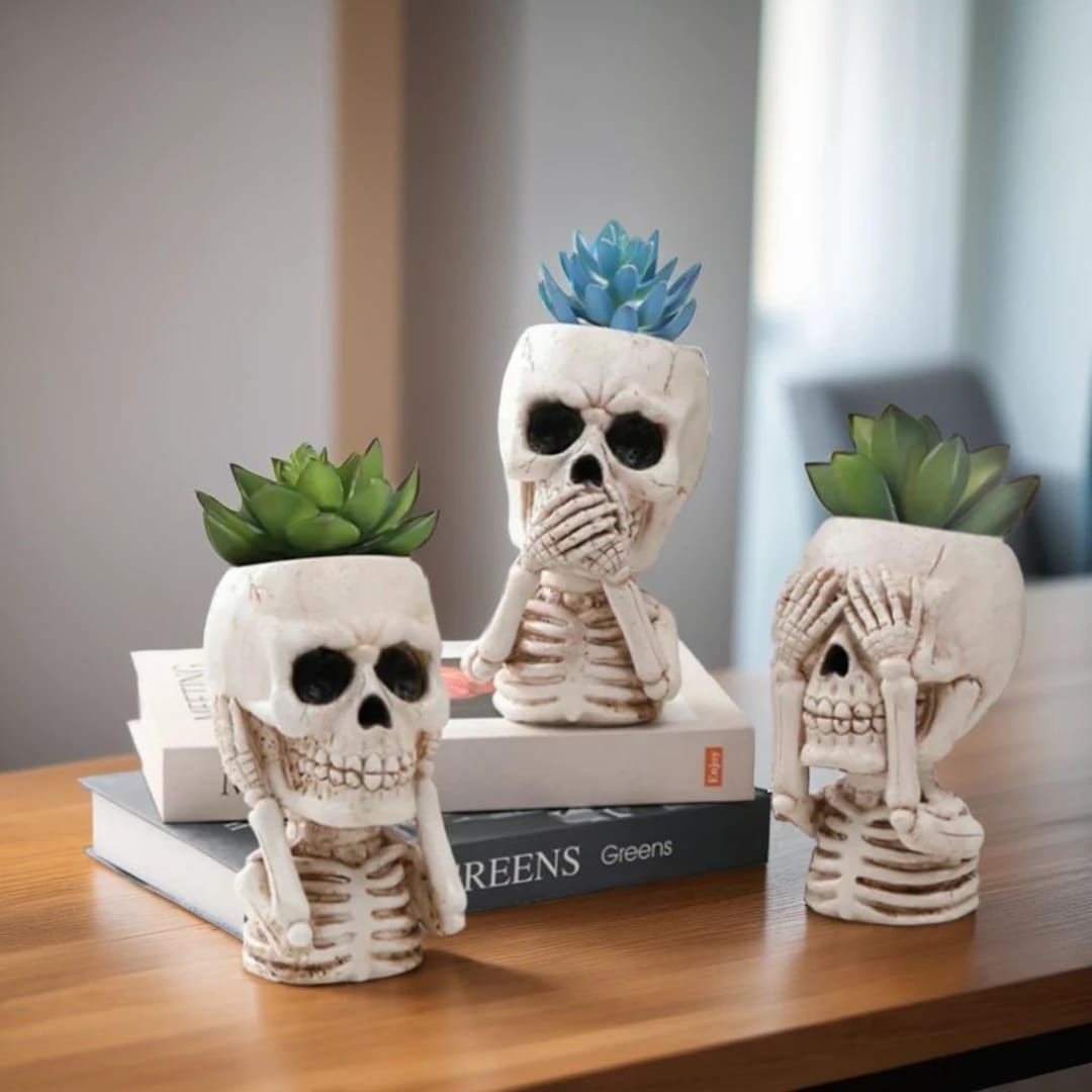 Skull Head Flower Pots Gothic Skeleton Planter Container Halloween ...