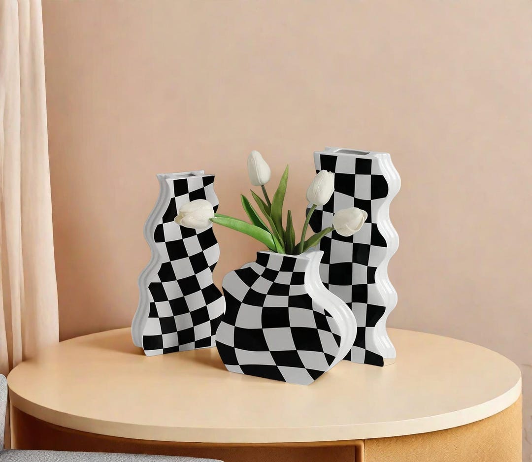 Black and White Ceramic Vase Decoration Checkerboard Elegant Dried ...