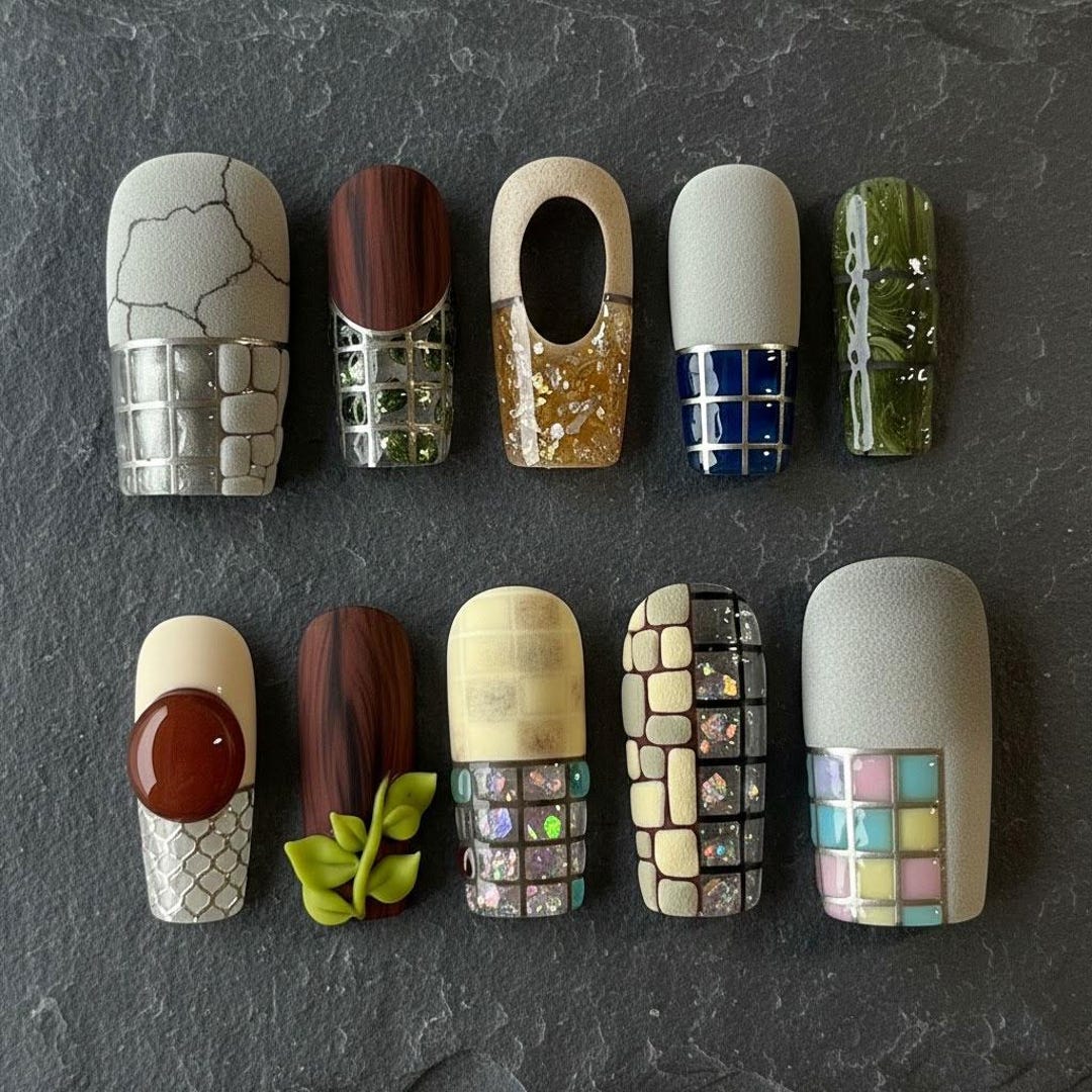 Neutral Abstract Press on Nails Textured Mosaic Modern Art Handmade ...