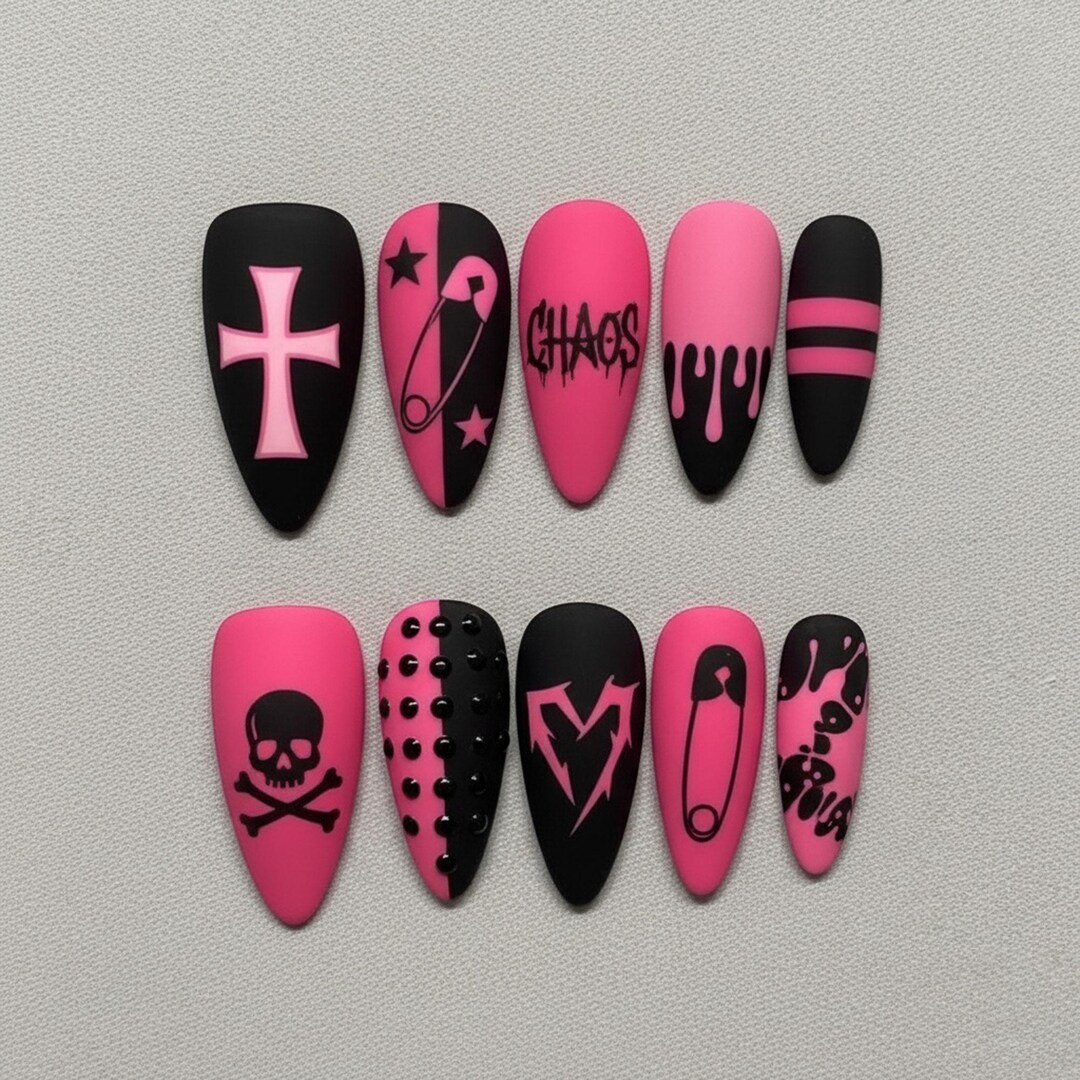 Handmade Punk Rock Press on Nails | Hot Pink & Black Chaos Cross, Skull ...