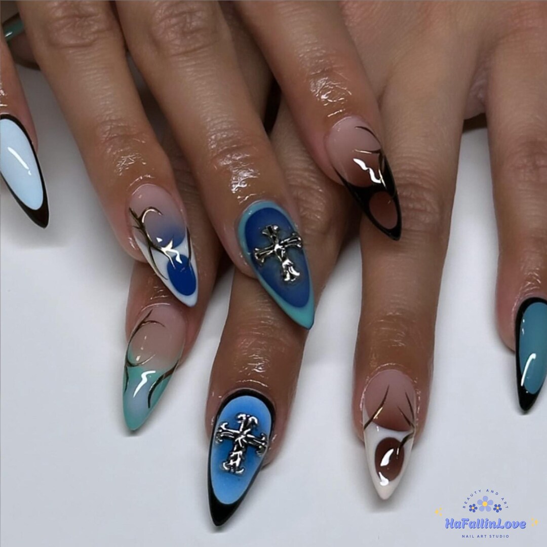 Handmade Y2K Cross Press on Nails | Chrome Gothic Nail Art | Gradient ...