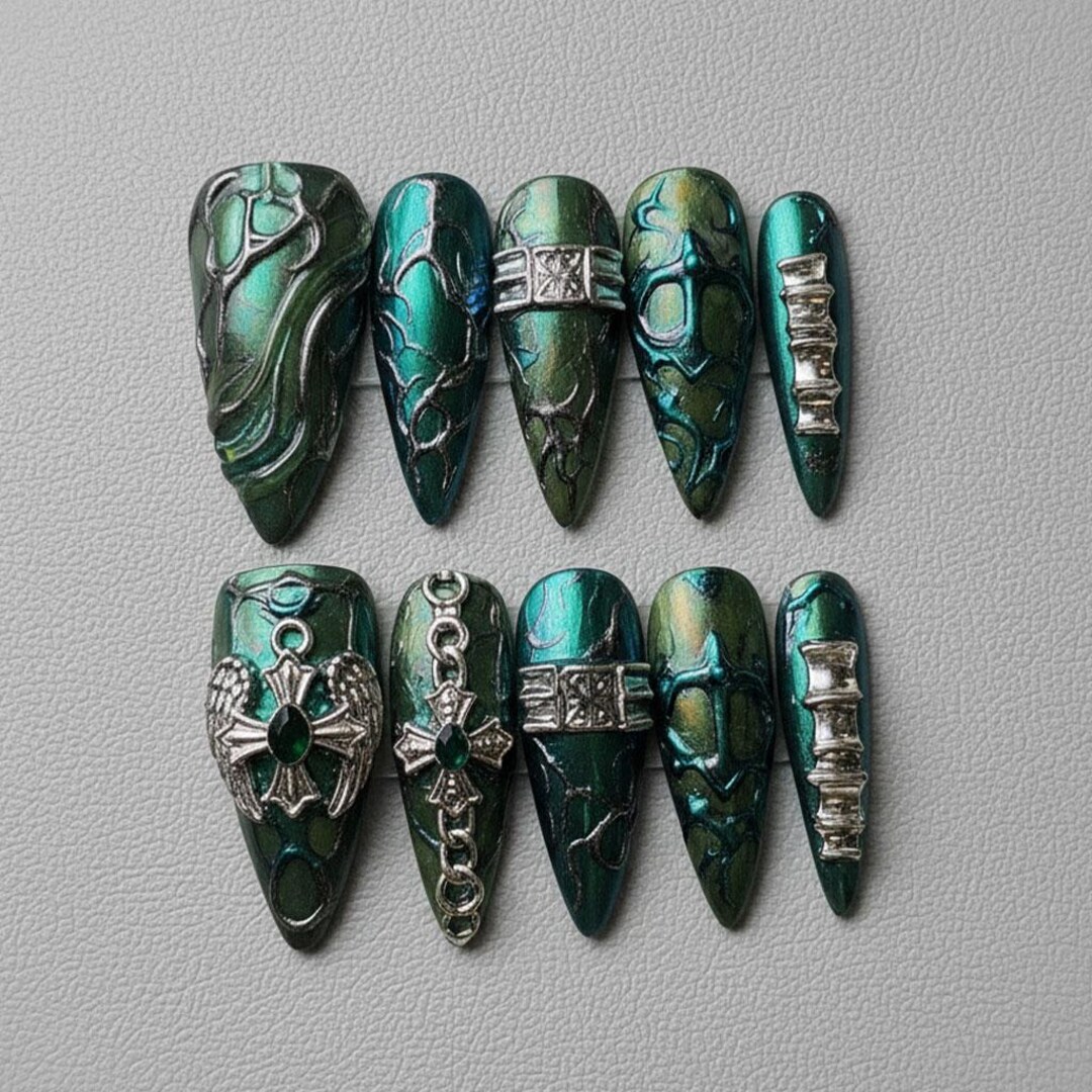Handmade Emerald Gothic Press on Nails | Metallic Armor Texture & Cross ...