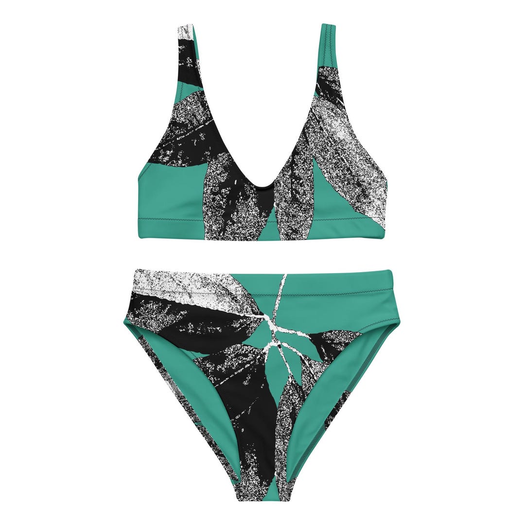 Recycled Leaf Print Bikini Set – Modern High Waisted Swimsuit | Graphic ...