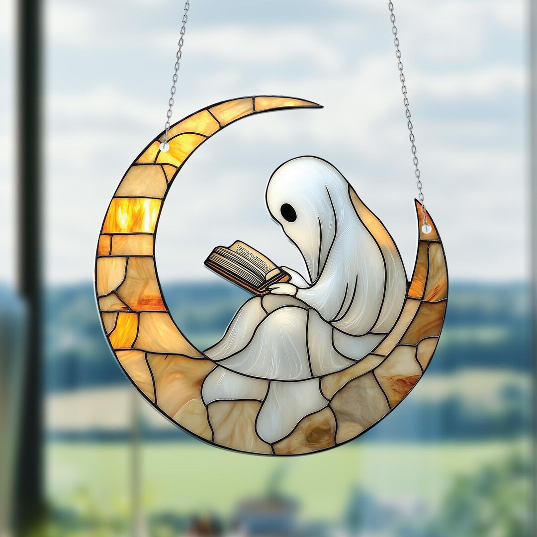 Ghost Reading on Crescent Moon Window Hanging, Spooky Cozy Decor ...