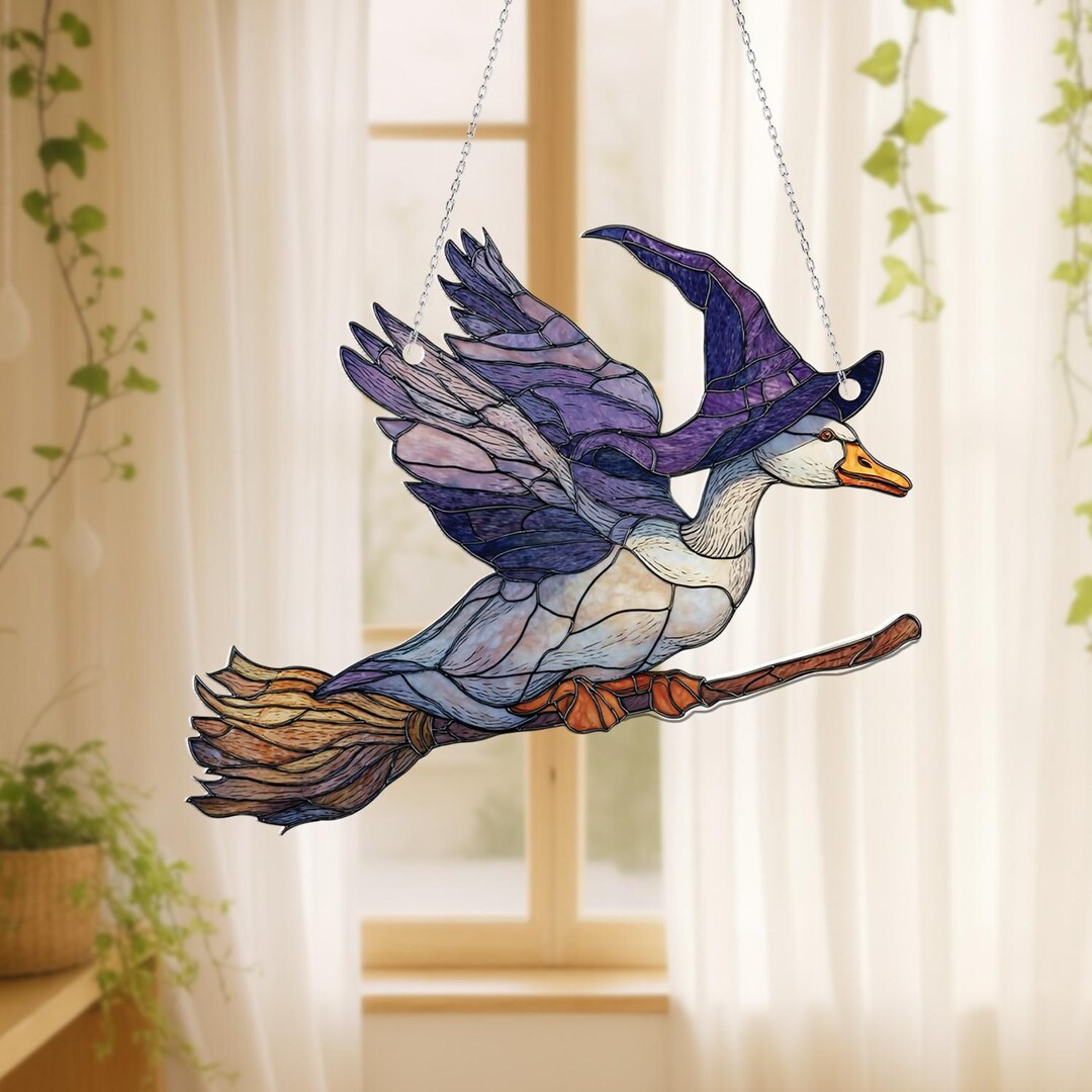 Witch Duck Window Hanging Art Panel, Flying Goose on Broomstick, Funny ...
