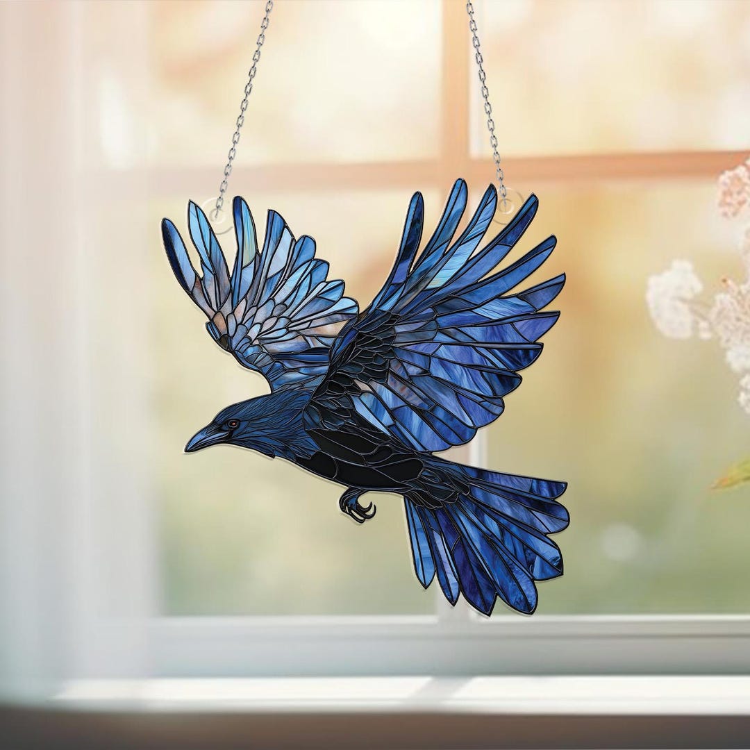 Blue Raven Window Hanging, Gothic Bird Decor, Raven Lover Gift ...