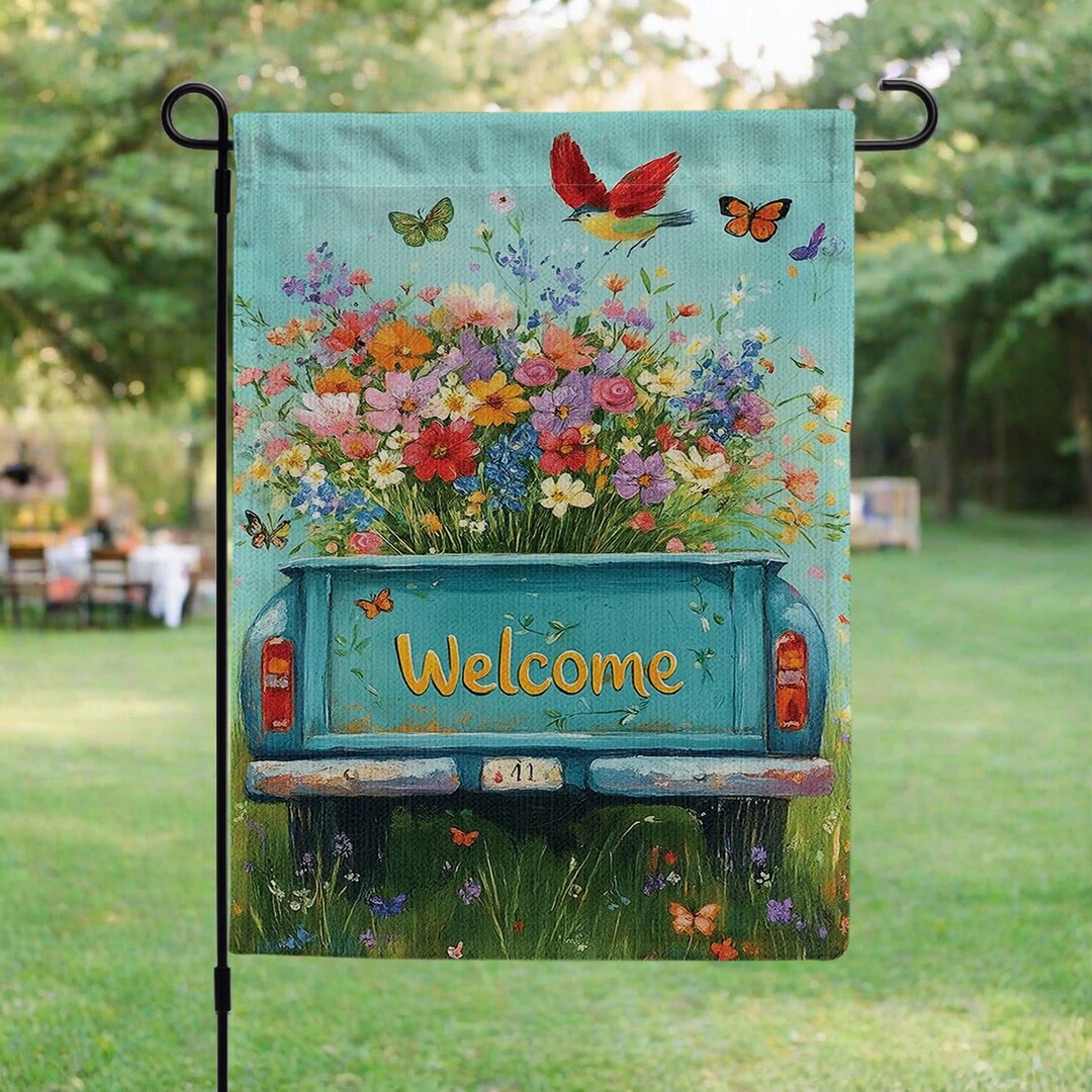 Welcome Garden Sign With Vintage Blue Truck and Colorful Flowers ...